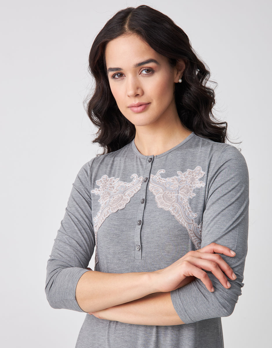 Button Front Nightgown with Lace Heather Gray – thelingerieshopny