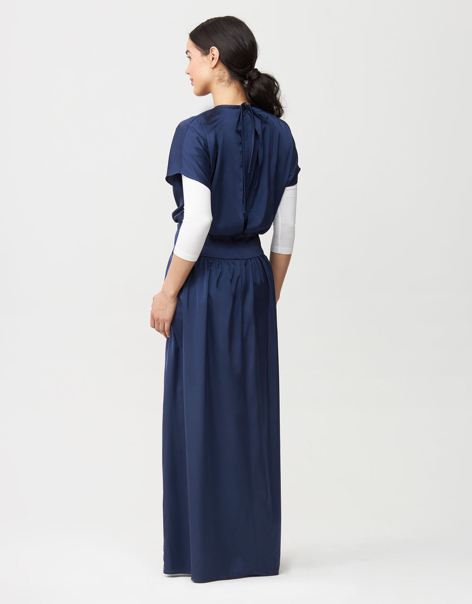 Satin Dropwaist Lined Maxi Dress Shabbos Robe with Back Tie Blue ...