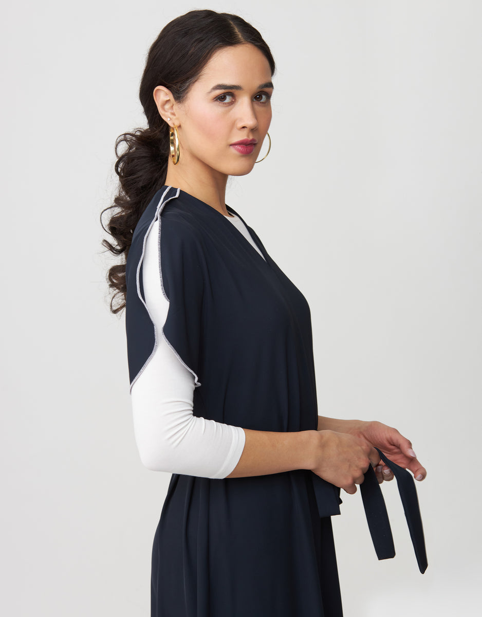 Contrast Stitched Petal Sleeve Maxi Dress Shabbos Jumper with Tie Belt ...