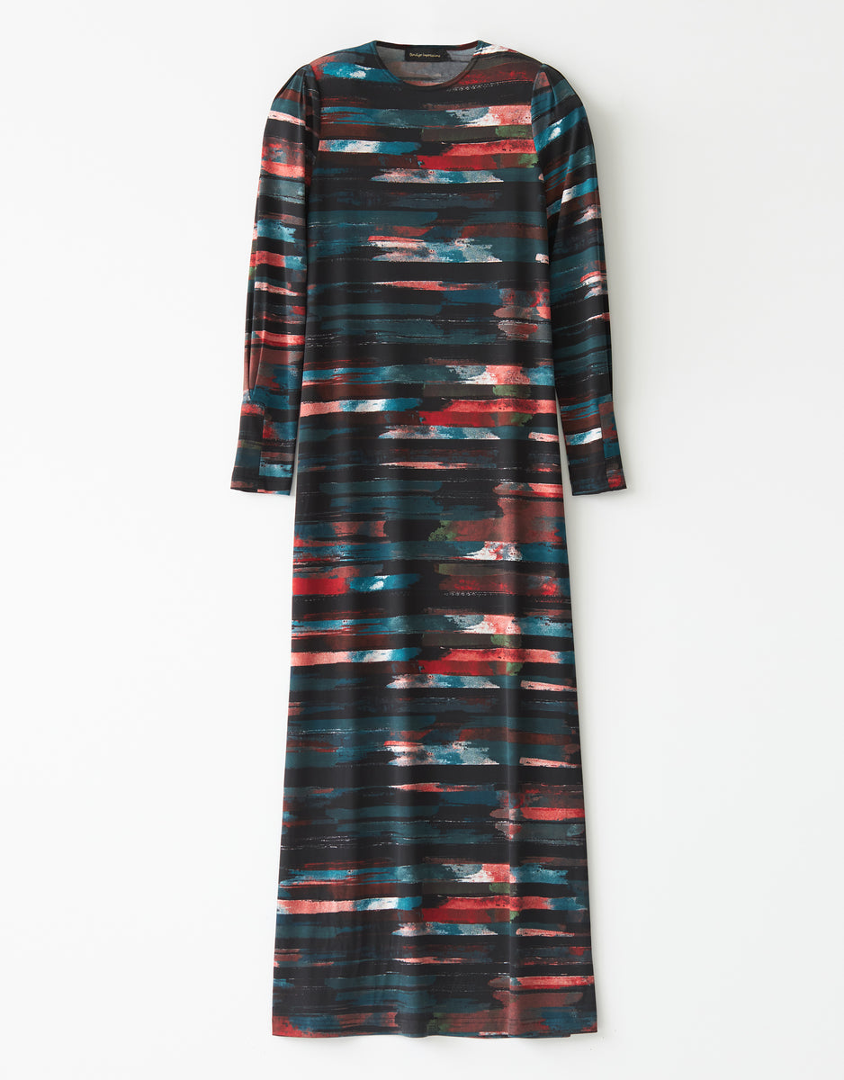 Stretch Jersey Maxi Dress Shabbos Robe with Horizontal Paintbox Stripe ...