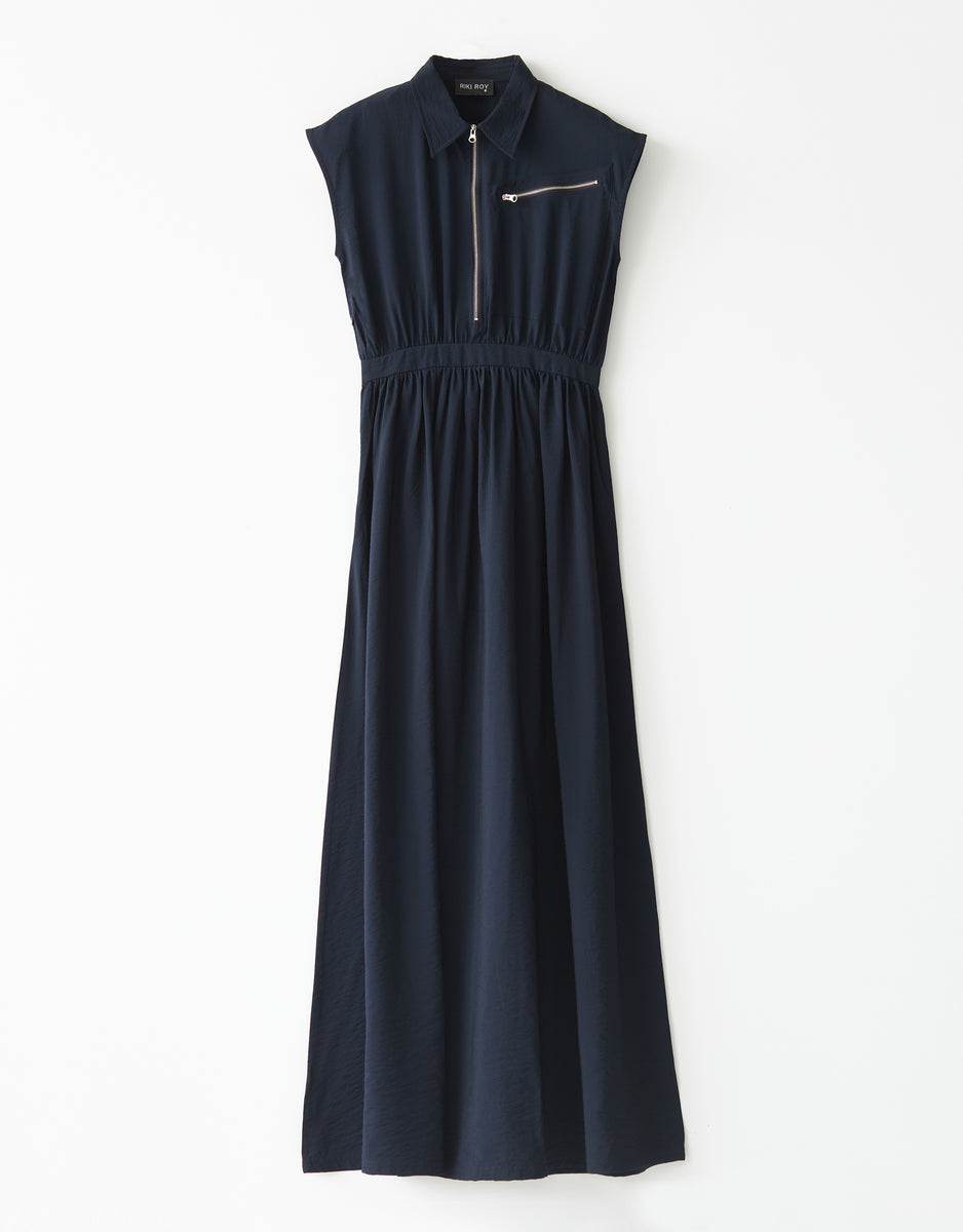 Textured Sleeveless Maxi Dress Shabbos Robe with Zipper Trim Navy ...