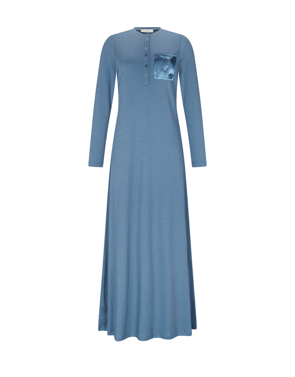 Button Front Nightgown with Satin Pocket and Logo Motif Lt.Blue ...