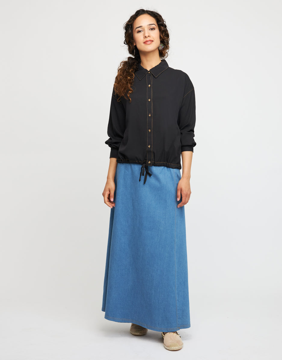 Button Down Drawstring Shirt Black – thelingerieshopny