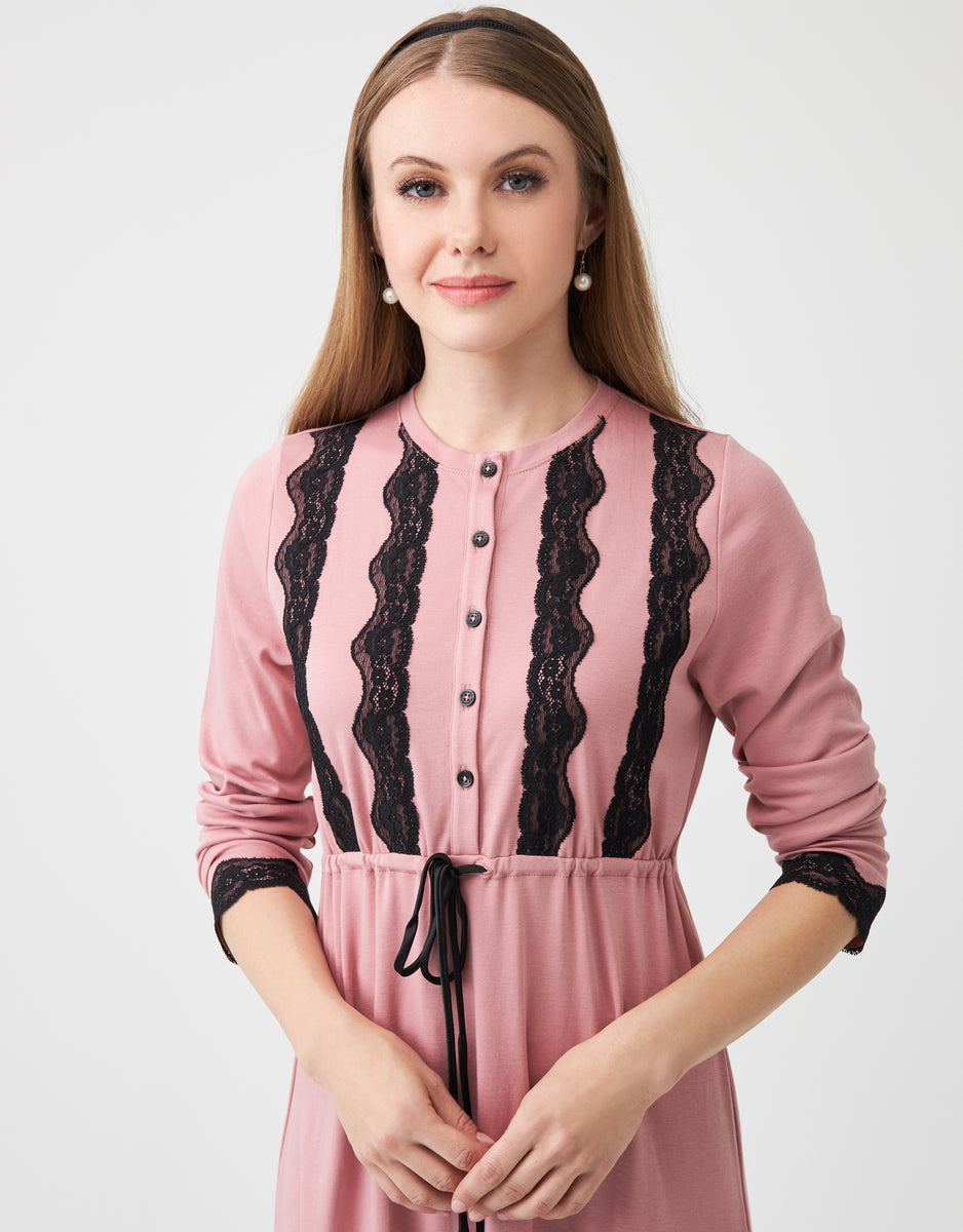 Lace Trimmed Button Nightgown with Drawstring Pink Black ...