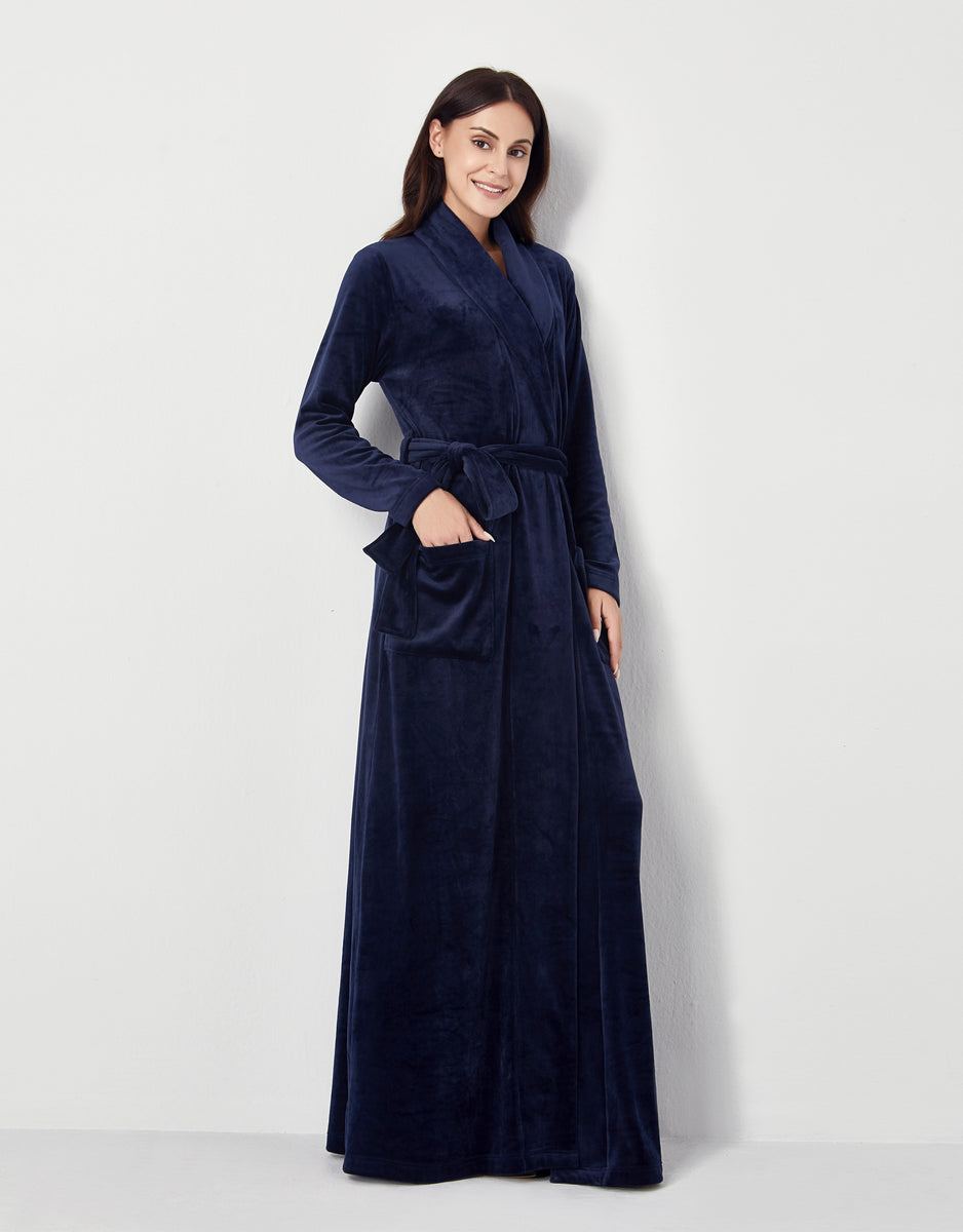 Ultra Soft Plush Velour Belted Shawl Collar Wrap Robe Navy ...
